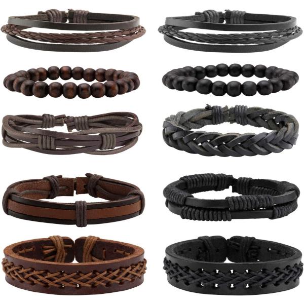 商品名MILAKOO 10個 編み込みレザーブレスレット メンズ レディース 木製ビーズブレスレット ラップ 調節可能, 9.5 inches, レザーMILAKOO 10 Pcs Braided Leather Bracelet for ...
