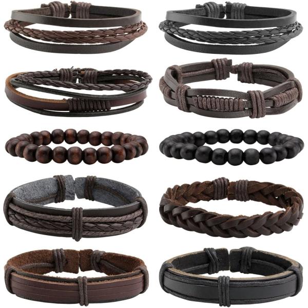 商品名EIGSO 編み込みレザーブレスレット10点セット 男女兼用 ヘンプコード 木製ビーズ 調節可能なラップブレスレットEigso 10Pcs Braided Leather Bracelets Set for Men Women Hem...