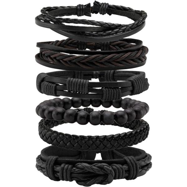 商品名milakoo 10個Braidedレザーブレスレットメンズレディース木製ビーズ付きブレスレットラップ調節可能MILAKOO 6 Pcs Black Braided Leather Bracelets for Men Women Cu...