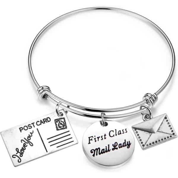 商品名bobaunaメールキャリア調整可能なワイヤバングルブレスレットwithはがきレターチャームThank Youギフトfor Postal Workerbobauna Mail Carrier Adjustable Wire Bangl...