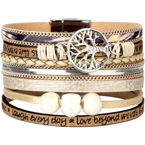 商品名Jenia Tree of Lifeレザーカフブレスレット   刻印ラップバングルパールレディースティーンガールズ、少年ギフト ベージュGelConnie Leather Cuff Bracelets for Women Boho W...