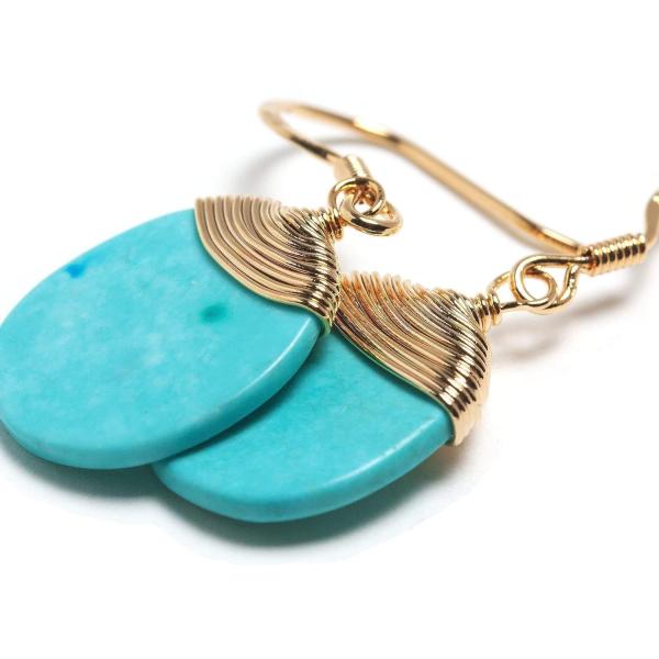商品名Natural Stone Wire Wrap Dangle Drop Earrings Gold Plated 925 Sterling Silver Hook/Turquoise Round Cutブランド：Scutum Craf...