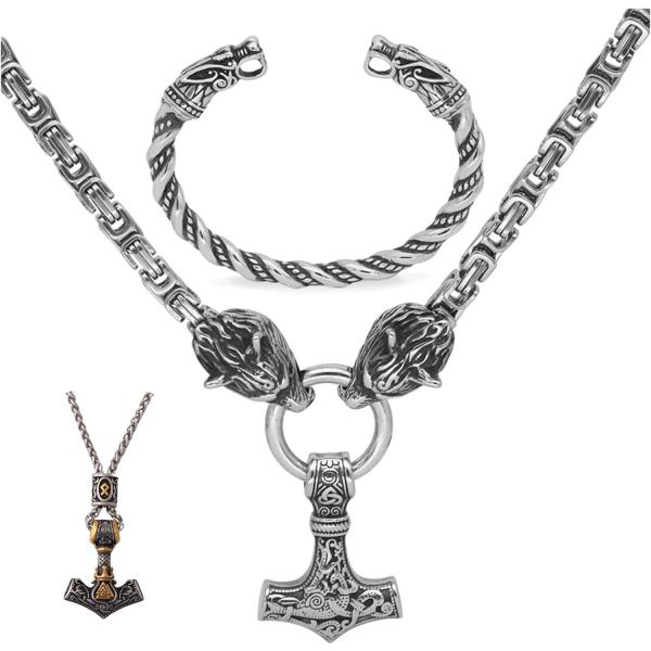 商品名VikingsBrand ハンドメイド ステンレススチール トールハンマーネックレス オオカミの頭付き   ミョルニルペンダント バイキングギフト   男性用北欧ジュエリー   本物のスカンジナビアメンズアクセサリー, 金属Epic ...