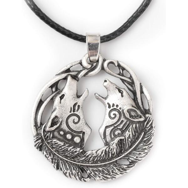 商品名HAQUIL バイキングジュエリー 狼カップルペンダント レザーコードネックレス 男女兼用 19.7インチ シルバーHAQUIL Wolf Necklace, Geri and Freki Howling Wolf Couple Pe...