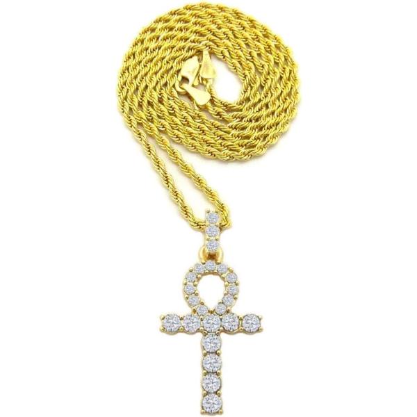 商品名ピラミッドJewelersメンズIced OutエジプトゴールドAnkh Cross (Key of Life)ヒップホップペンダントロープチェーンネックレスPyramid Jeweler Mens Iced Out Egyptian...
