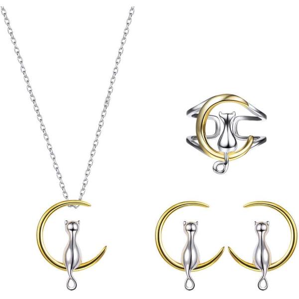 商品名SilverCute Cat On The Moonオープンリング調節可能なかわいい子猫スターリングシルバーリング シルバーSILVERCUTE Cat Jewelry Set 925 Sterling Silver Gold Pla...
