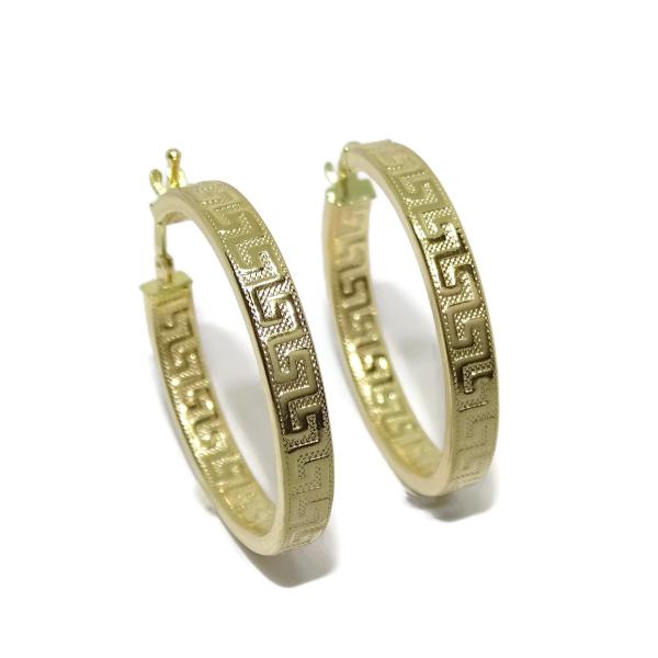 商品名:  18K Gold Greek Fretwork Hoop Earrings Women | Medium sized Drop Dangle Round Earrings 3cm | 2.50g Yellow Gold | Tr...