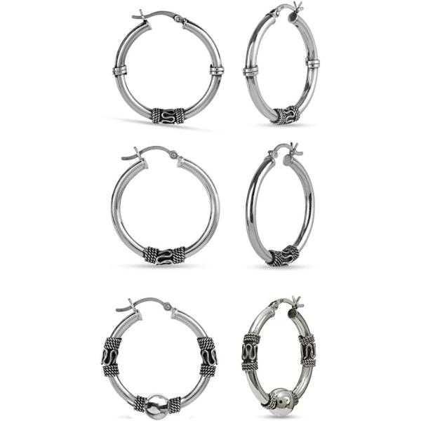 商品名LeCalla レディース 3ペア925スターリングシルバーアンティーククリックトップトップバリフープイヤリング30mm 30 mmラウンドクリックトップSet of 3 Pair 925 Sterling Silver Antiqu...