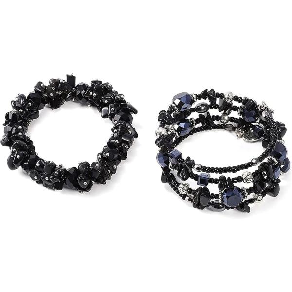 商品名Shop LC Delivering Joy ファンシー ブラック 黒曜石ガラス 樹脂ラップ 伸縮ブレスレット 2個セットShop LC Obsidian Bracelets - Black &amp; Blue Crystal Be...