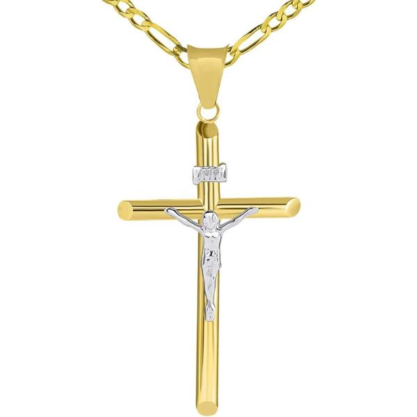 商品名14K ツートーンゴールド Mサイズ クロス INRI 十字架ペンダント フィガロネックレス付き14k Two Tone Gold Medium Cross INRI Crucifix Pendant with Figaro Neck...