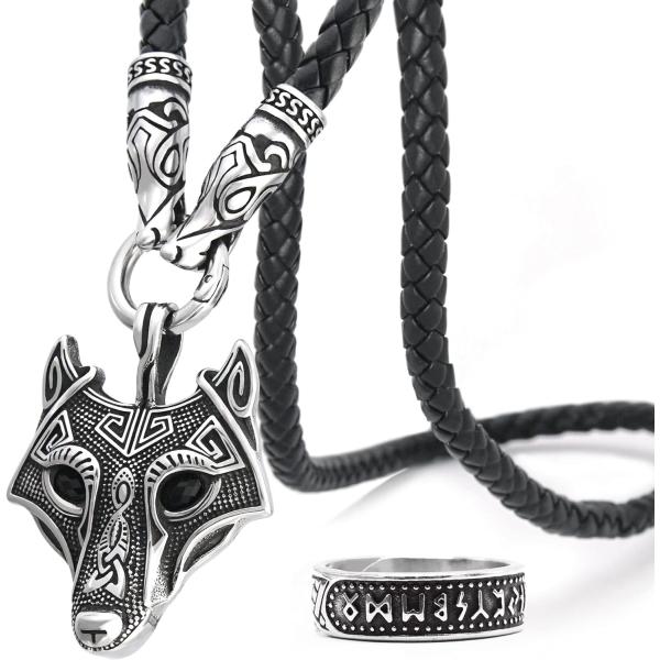 商品名BaviPower ウルフヘッドペンダント 編み込みレザーネックレス付き ステンレススチール 北欧スカンジナビアネックレス 本物のバイキングジュエリーBAVIPOWER Wolf Head Pendant with Braided L...