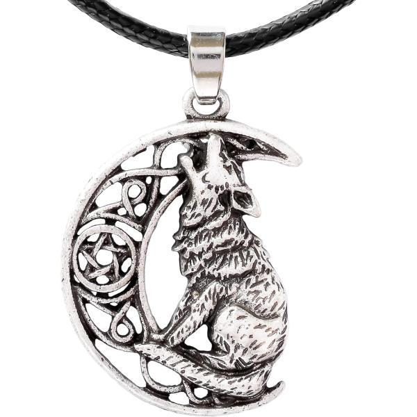 商品名HAQUIL ウルフジュエリー 月 遠吠えする狼 ネックレス メンズ レディースHAQUIL Wolf Necklace, Howling Wolf on Crescent Moon Pendant, Faux Leather Cor...