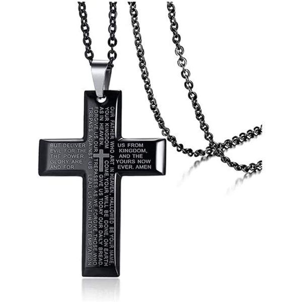 商品名[Rockyu] ジュエリー ネックレス メンズ 十字架 人気 ステンレス 金属アレルギー対応 ブラック 刻印 クロス 十字架 ペンダント カジュアルRockyu Cross Necklace for Men Black Stainl...