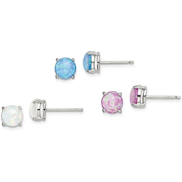 商品名925スターリングシルバー ピンク ホワイト ブルー 人工オパールスタッド 3セット Earri ファインジュエリーギフト 女性用925 Sterling Silver Pink White Blue 7mm Round Create...