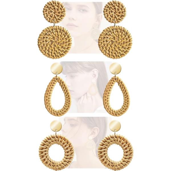 商品名ラタンイヤリング レディース ハンドメイド 麦わら枝編み ドロップ ダングルイヤリング 軽量 幾何学模様 ステートメントイヤリングRattan Earrings for Women Handmade Straw Wicker Brai...