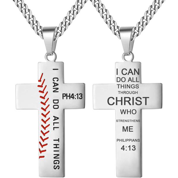 商品名YOUFENG クロスネックレス 男の子用 野球ペンダント I CAN DO ALL THINGS STRENGTH 聖書の言葉 ステンレススチールネックレス, エナメルYOUFENG Cross Necklace for Men B...