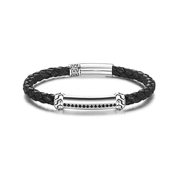 商品名Carleen Freedom 925スターリングシルバー 本革 メンズ ブレスレット ブラックスピネル 編組ロープ エネルギーチャーム プッシュボタンロッククラスプ バレンタインデーギフト 男性向け, 9 inch, レザー, スピ...