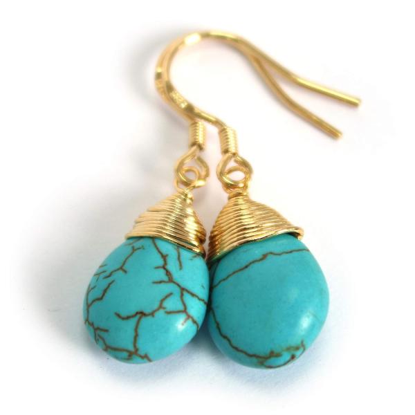 商品名Natural Stone Wire Wrap Dangle Drop Earrings Gold Plated 925 Sterling Silver Hook/Turquoise Water Dropブランド：Scutum Cra...