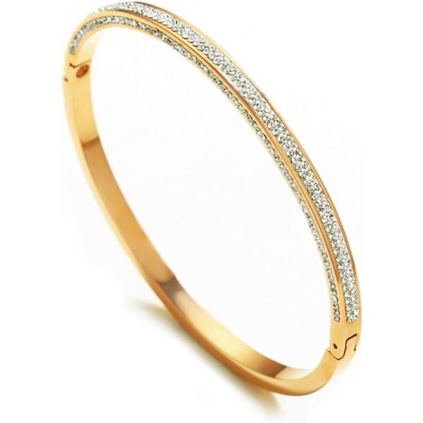 商品名ローズゴールド/ゴールド/シルバー チタン ステンレススチール パヴェ キュービック ジルコニア 模造ダイヤモンド 重ね付け可能 オーバルヒンジバングルブレスレット, 6.5 inches, チタンステンレススチール。, キュービック...