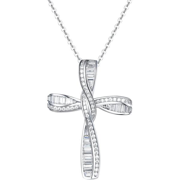 商品名FANCIME ホワイトゴールドメッキ 925ソリッドスターリングシルバー キュービックジルコニア ツイストクロス インフィニティ オープンループ 十字架 プリンセスペンダントネックレス レディース ガールズ 16インチ + 2インチ...