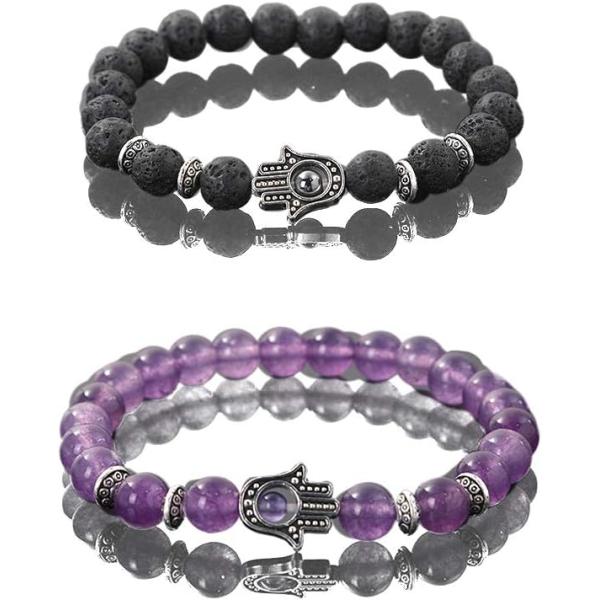 商品名KIKILA 2個セット ハンドメイド 伸縮性 6mm ビーズ ハムサ ブレスレット 天然石 邪眼 ハムサ ファティマ ハンドチャーム ビーズ カップルブレスレット カバラブレスレット パープルKIKILA 2Pcs Set Hand...