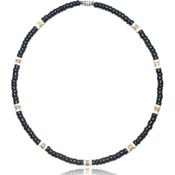 商品名Native Treasure ブラックココウッドビーズ 2 ホワイト 1 タン プカシェルネックレス - 5mm (3/16インチ)16"" inch X-SMALL Mens and Womens Real Black and T...