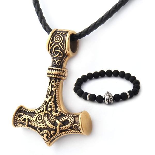 商品名BaviPower 18K ゴールドパテッド Mjolnir ペンダント トールハンマー レザーネックレス 男女兼用 316L ステンレススチール 北欧スカンジナビアバイキングジュエリーBAVIPOWER 18K Gold Pated...