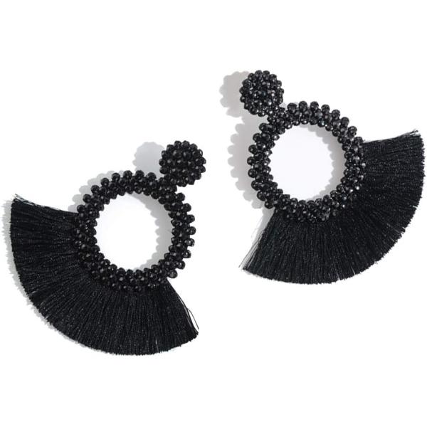 商品名D.Rosse ハンドメイド ボヘミアン タッセル クリスタル ステートメント ドロップ ダングル イヤリング レディース ガールズ フープ フリンジ 軽量 耳 ジュエリー サマーアクセサリー ブラックD.Rosse Handmade...