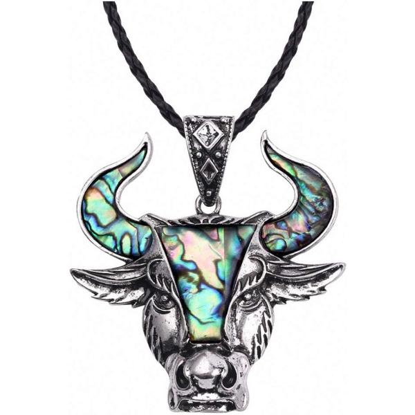 商品名Xileg ブルスカルヘッドペンダントネックレス レディース メンズ チャーム 天然貝 アワビネックレス 闘牛牛 エスニックジュエリー 牡牛座 誕生日ギフトBull Skull Head Pendant Necklace for Wo...