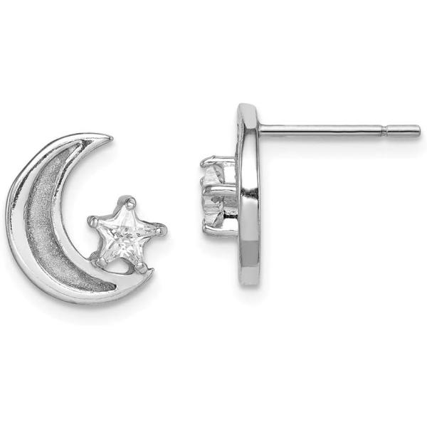 商品名ソリッド925スターリングシルバー エナメル グリッター生地 月とキュービックジルコニア スターボタン ポストスタッドピアス - 11mm x 10mm, ジェムストーン, キュービックジルコニアSolid 925 Sterling ...