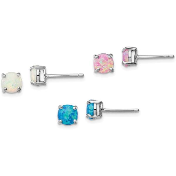 商品名ソリッド925スターリングシルバー ホワイト/ピンク/ブルー 人工オパールセット / スタッドピアス3個, ジェムストーン, オパールSolid 925 Sterling Silver White/Pink/Blue Created ...