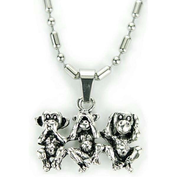 商品名Three Wise Monkeys ネックレス 20インチ ステンレスボールチェーン 3Dモンキーペンダント アンティークシルバー亜鉛合金チャーム 純304ステンレスチェーン 悪を見ない 悪を聞かない 言わざの贈り物, 金属Thre...