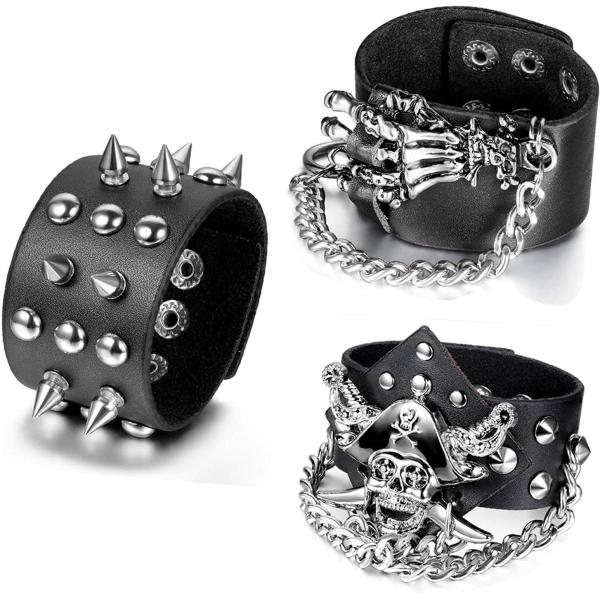 商品名Aroncent 3PCS Spike Studded Bracelet Rock Biker Wide Strap Bracelet Set Adjustable Spiked Leather Cuff Bracelet Goth ...
