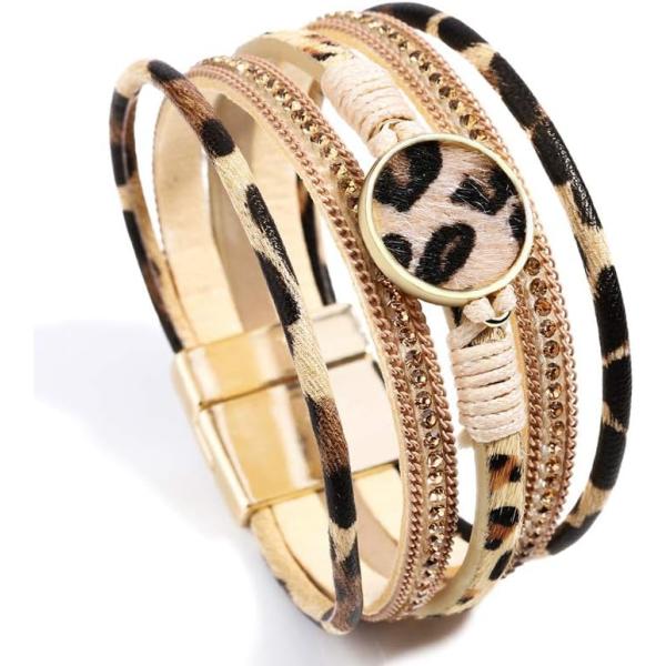 商品名Fesciory ヒョウ柄ブレスレット レディース ラップマルチレイヤーレザーブレスレット 磁気クラスプ カフバングルジュエリーFesciory Leopard Bracelet for Women, Boho Leather Wra...