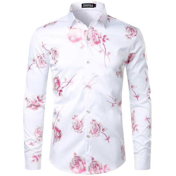 商品名: ZEROYAA メンズ ナイトクラブ シャイニーゴールデン 3D ローズプリント スリムフィット ボタンダウン パーティードレスシャツ US サイズ: Medium カラー: ピンク ZEROYAA Mens Hipster 3D...