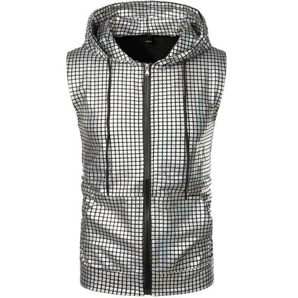 商品名: ZEROYAA メンズ ヒップスター メタリック ジップアップ ノースリーブ フード付きベスト Tシャツ カンガルーポケット付き US サイズ: X-Large カラー: シルバー ZEROYAA Mens Hipster Met...