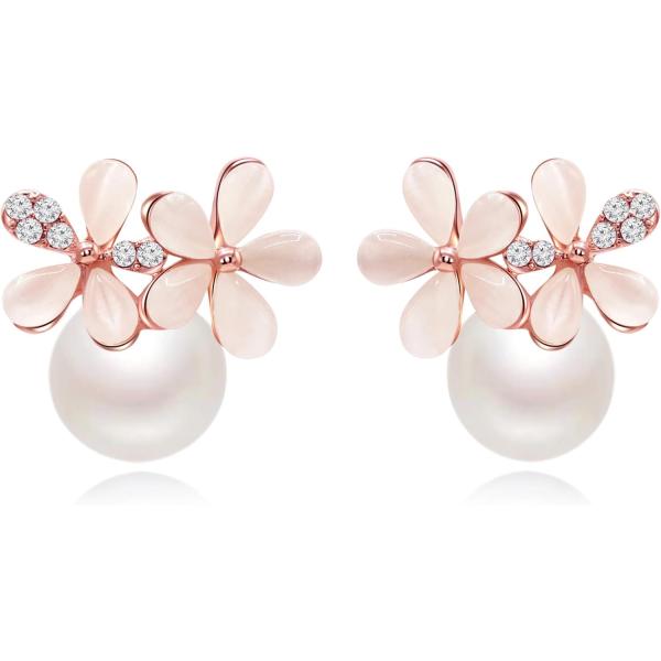 商品名ライトピンク キャットアイ フラワー 人工パール ピアスイヤリングSoft Pink Cat Eye Stones Flower White Simulate Pearl Pierced Cluster Earringsブランド：Je...