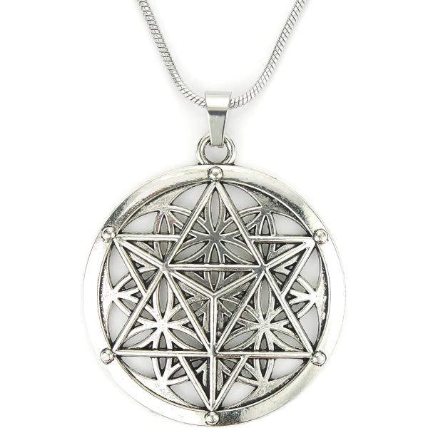 商品名Merkabah on Flower of Life ネックレス 聖なる幾何学模様 メルカバ ペンダント ステンレススネークチェーン, 金属Ann Claridge Merkabah on Flower of Life Necklac...