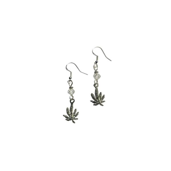 商品名Marijuana Cannabis Leaf Charm Earrings, accented with a clear faceted crystal accent bead, on sterling silver earwire...