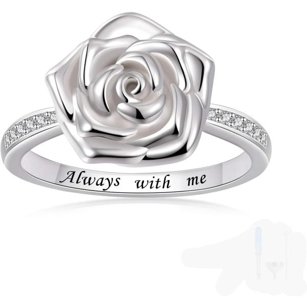 商品名バラの花 遺灰用骨壺リング 925スターリングシルバー Always with me 火葬指リング ジュエリー 女性用, 金属, キュービックジルコニアRose flower urn ring for ashes 925 Sterli...