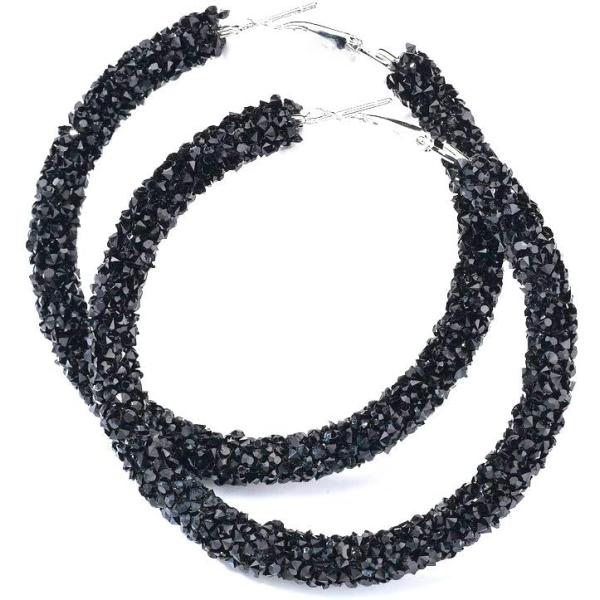 商品名Aimimier ブライダルCZクリスタルフープイヤリング スパークリングラインストーン 大きなラウンドループイヤリング クリスタルパヴェ ウェディング プロム パーティー フェスティバル ジュエリー レディース ガールズ (ブラック...