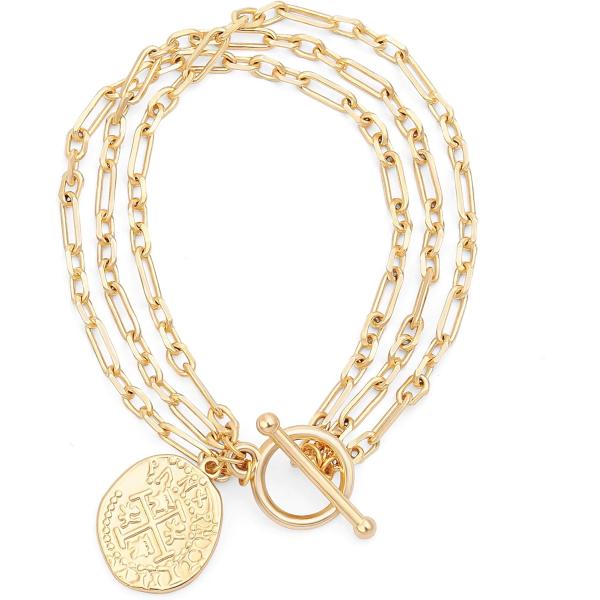 商品名3-Row 18K Gold Chain Bracelet Dainty Cross Medallion Charm Bracelet OT Toggle Bangle Handmade Stacking Layering Jewel...