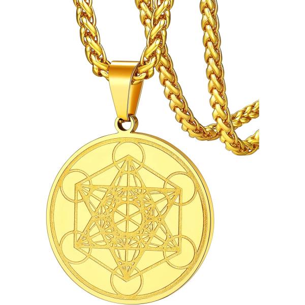 商品名FaithHeart メタトロンキューブ ネックレス ステンレススチールまたは18Kゴールドメッキ 神聖な幾何学的メタトロンペンダント 22インチのチェーンジュエリー メンズ スピリチュアルプロテクションメダル ゴールドFaithHe...