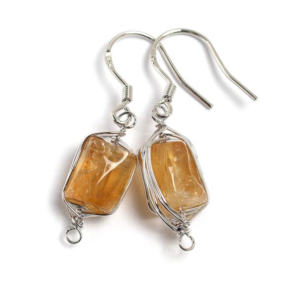 商品名Natural Stone Wire Wrap Dangle Drop Earrings Platinum Plated 925 Sterling Silver Hook/Raw Citrine 10mmブランド：Scutum Cra...