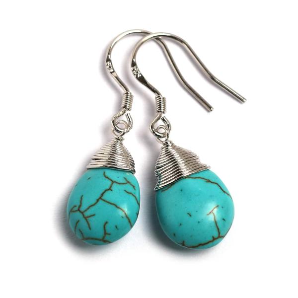 商品名Natural Stone Wire Wrap Dangle Drop Earrings Platinum Plated 925 Sterling Silver Hook/Turquoise Water Dropブランド：Scutum...