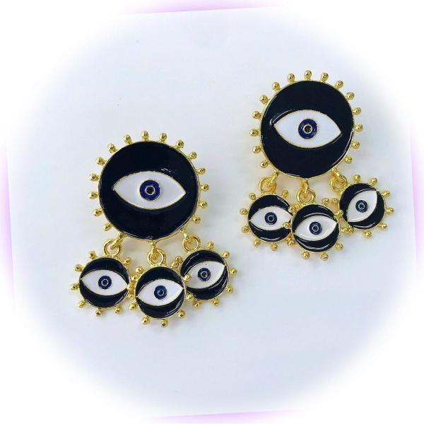商品名New Gold Color Finished Black White Color Circle Evil Eye Design Drop Dangle Post Adorable Earrings ALI-E1633G Wonder...