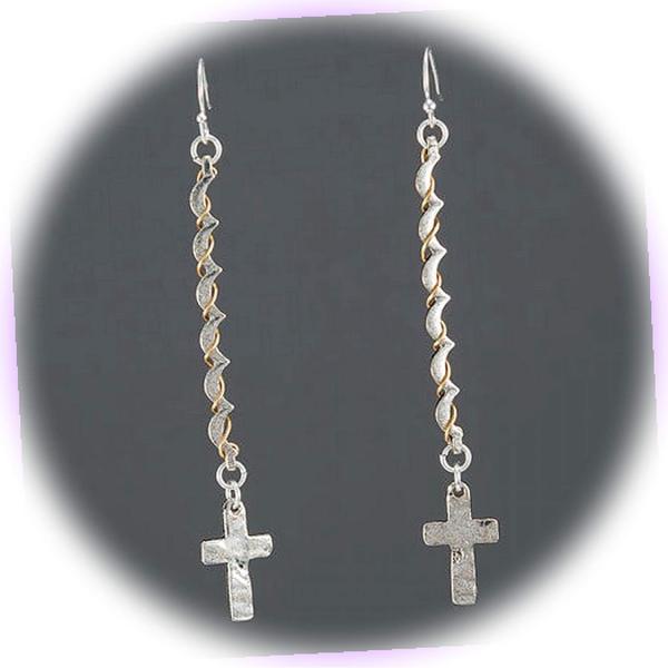 商品名New Antique Silver Color Bar Cross Gold Color Wire Dangle Tassel Religiously Inspired Adorable Earrings ALI-E1492G Wo...