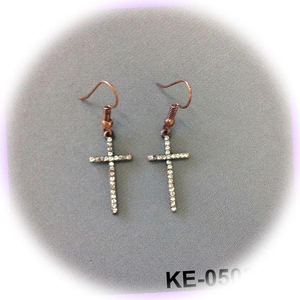 商品名New Religious Style Rhinestone Copper Tone Cross Design Drop Dangle Dainty Adorable Earrings ALI-E1399G Wonderful Gif...