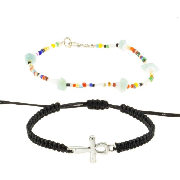 商品名BlueRica ブレスレット2点セット マクラメアンククロスブレスレット&amp;ストーンチップ付きマルチシードビーズBlueRica 2 Pieces Bracelet Set ~ Macrame Ankh Cross Brace...