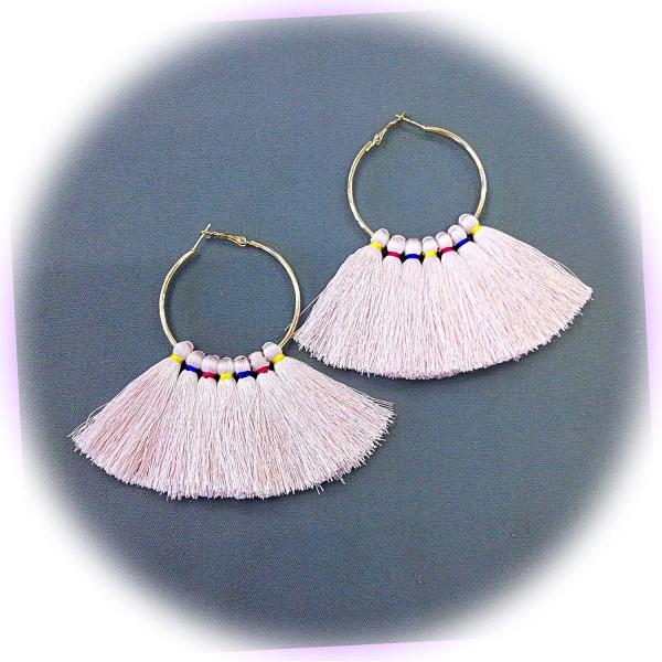 商品名New Gold Color Finished Circle 2"" Hoop Pink Color Thread Tassel Drop Dangle Adorable Earrings ALI-E2996G Wonderful G...